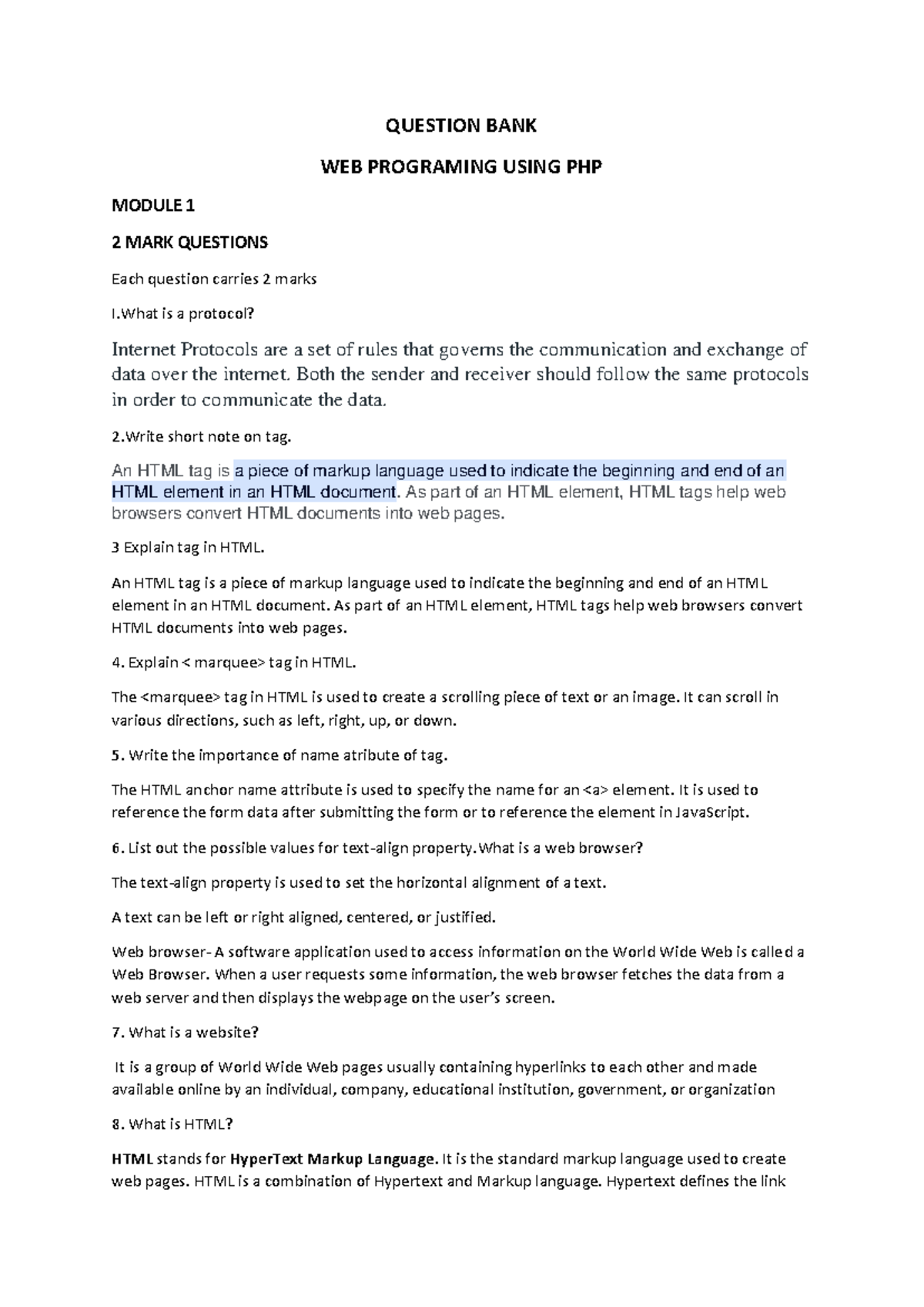 Question BANK - QUESTION BANK WEB PROGRAMING USING PHP MODULE 1 2 MARK QUESTIONS Each question ...