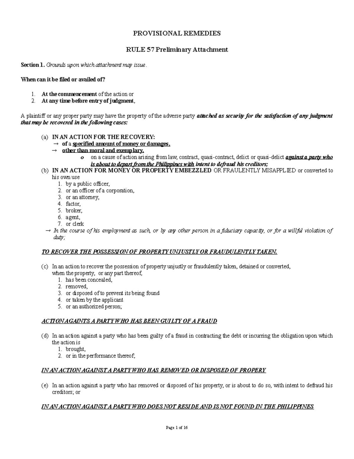 Provisional Remedies - Codal - PROVISIONAL REMEDIES RULE 57 Preliminary ...