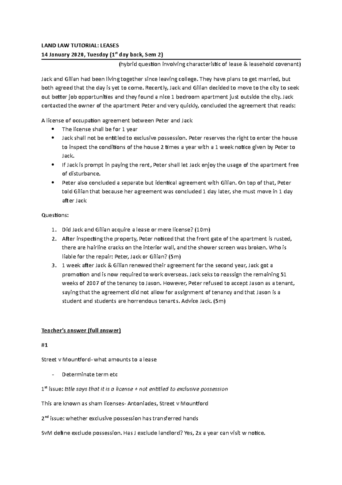 Tutorial- leases sem 2 - sgs - LAND LAW TUTORIAL: LEASES 14 January 2020, Tuesday (1st day back ...