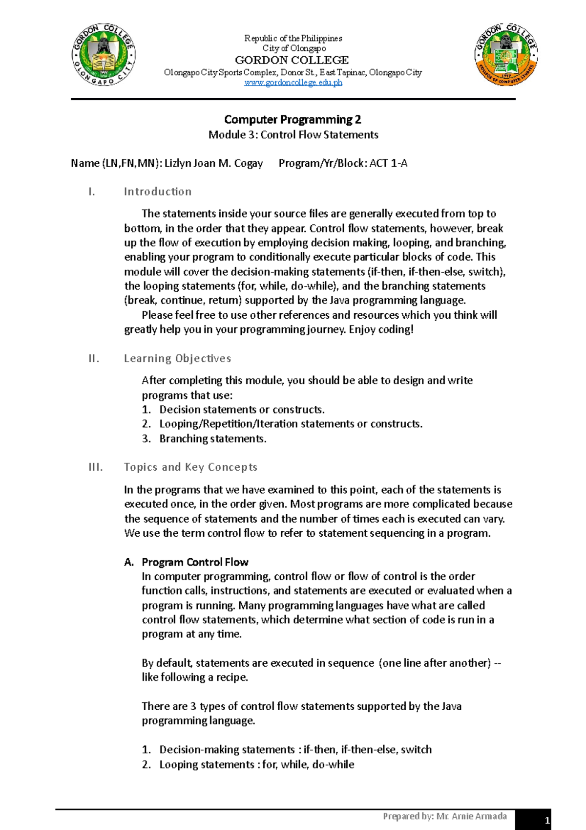 Module 3 - Control Flow Statements - Prepared by: Mr. Arnie Armada City of Olongapo GORDON ...