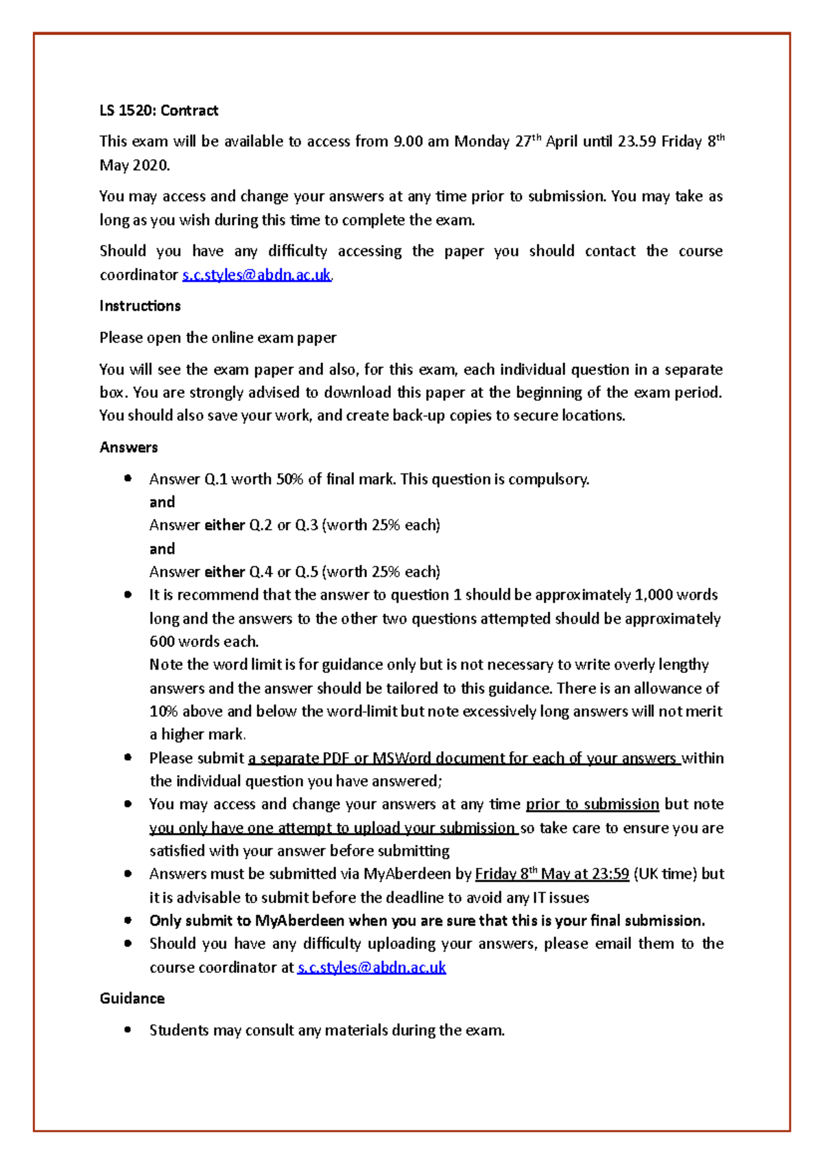 Contract EXAM with Instructions - LS 1520: Contract This exam will be available to access from 9 ...