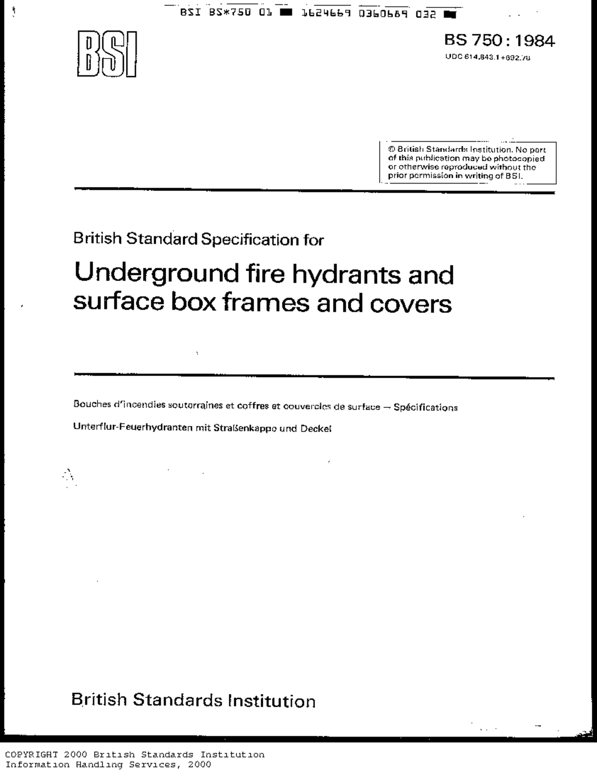 BS 750-1984 Undergrounf Fire Hydrants - British Standard - Studocu