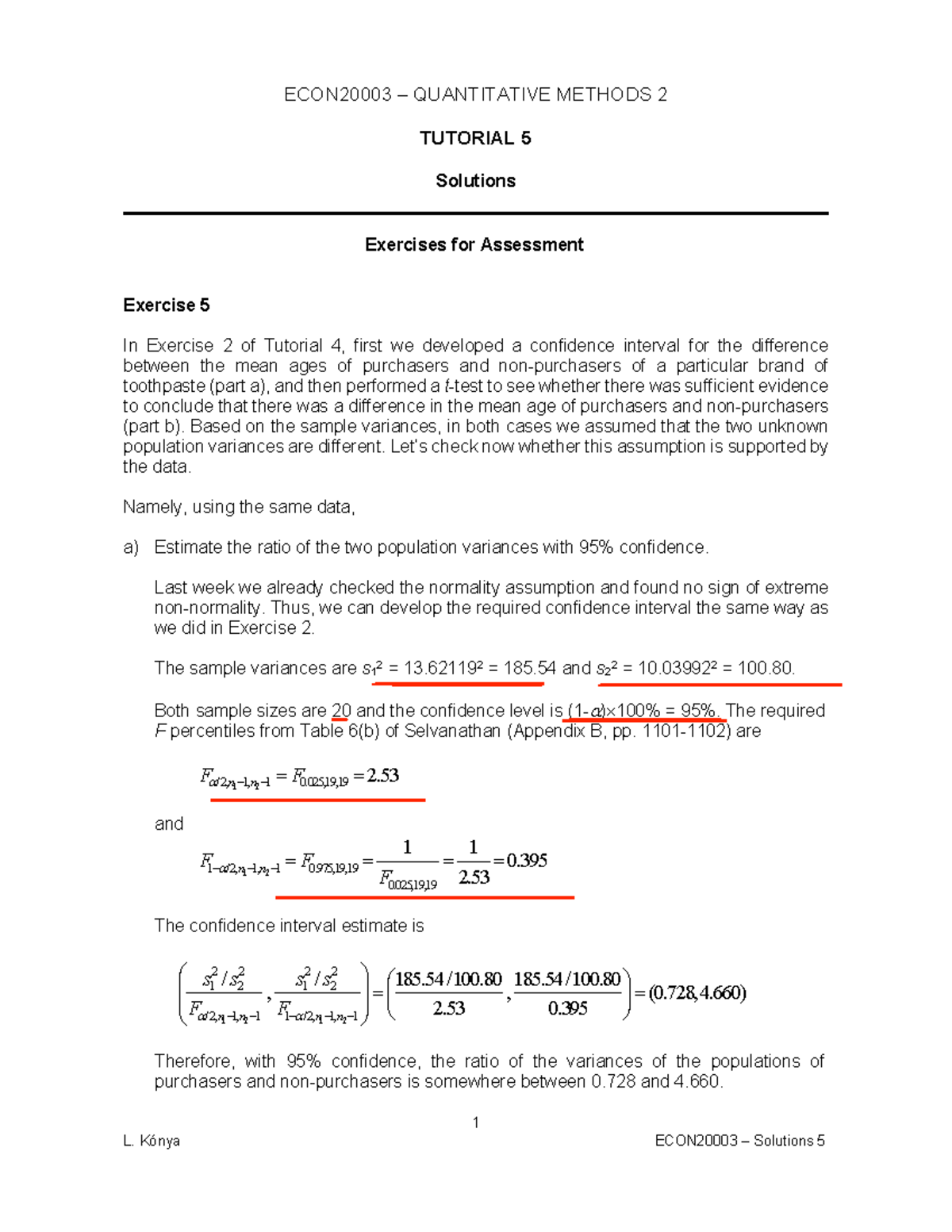 Tutorial 5 solutions - 1 ECON20003 – QUANTITATIVE METHODS 2 TUTORIAL 5 Solutions Exercises for ...