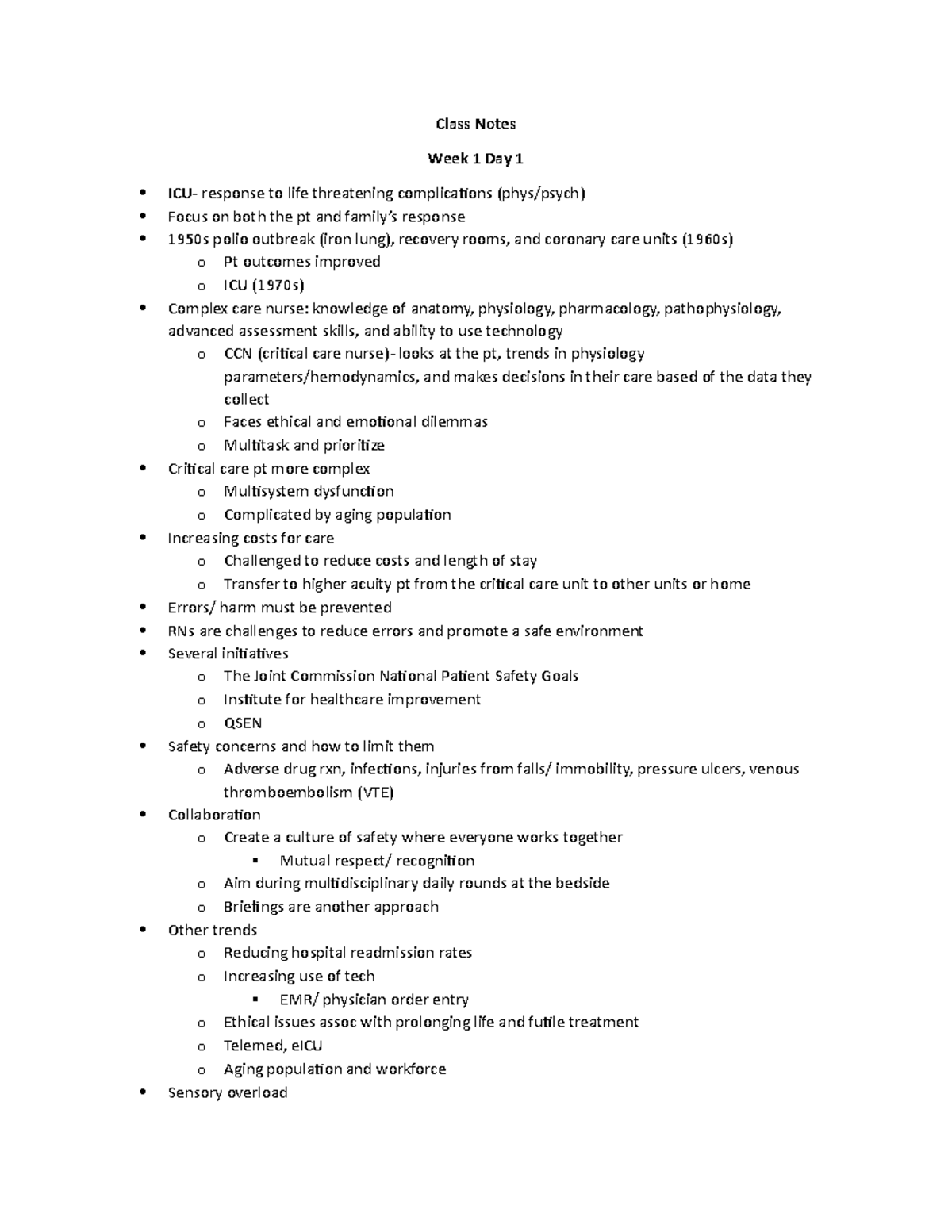Class Notes week 1 - Class Notes Week 1 Day 1 ICU- response to life ...