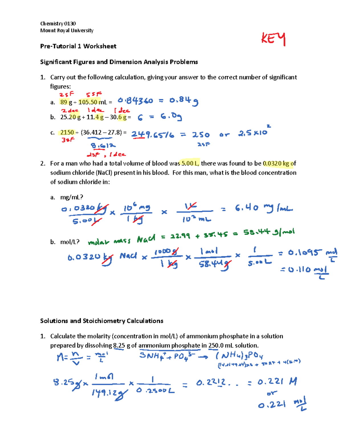 Pre-Tutorial 1 Worksheet KEY - Chemistry 0130 Mount Royal University ...