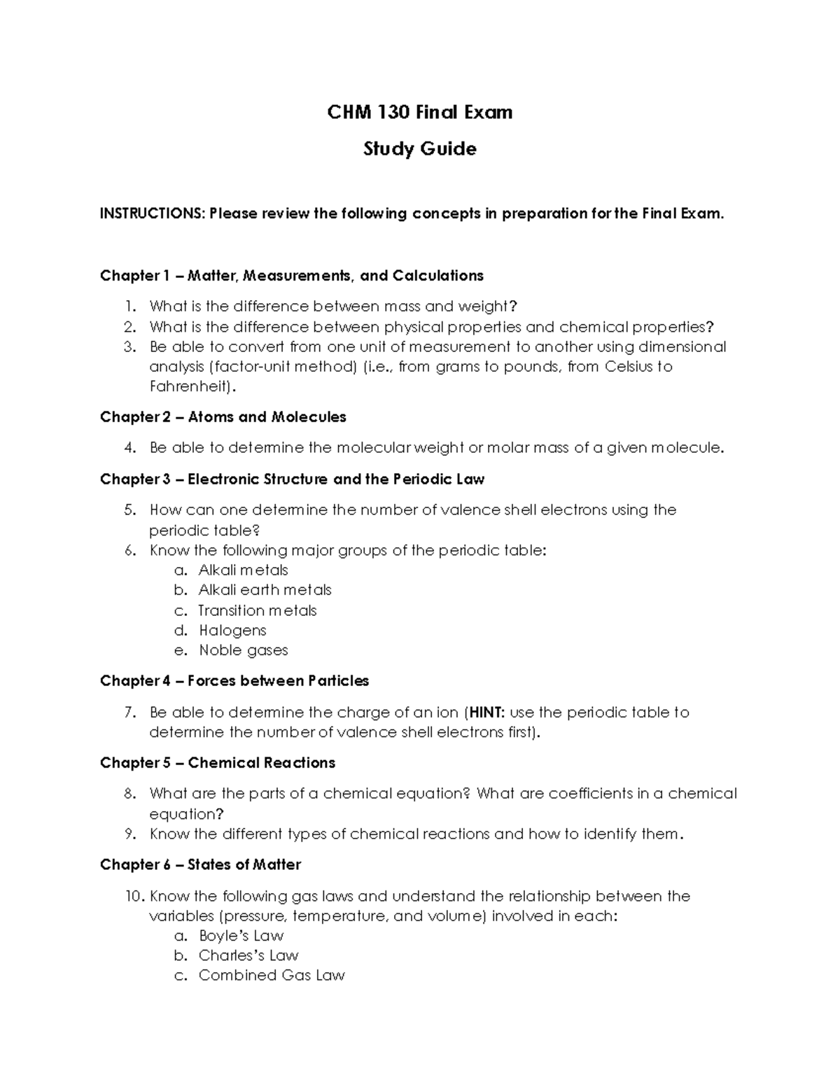 CHM 130 Final Exam Study Guide (Student) - CHM 130 Final Exam Study ...