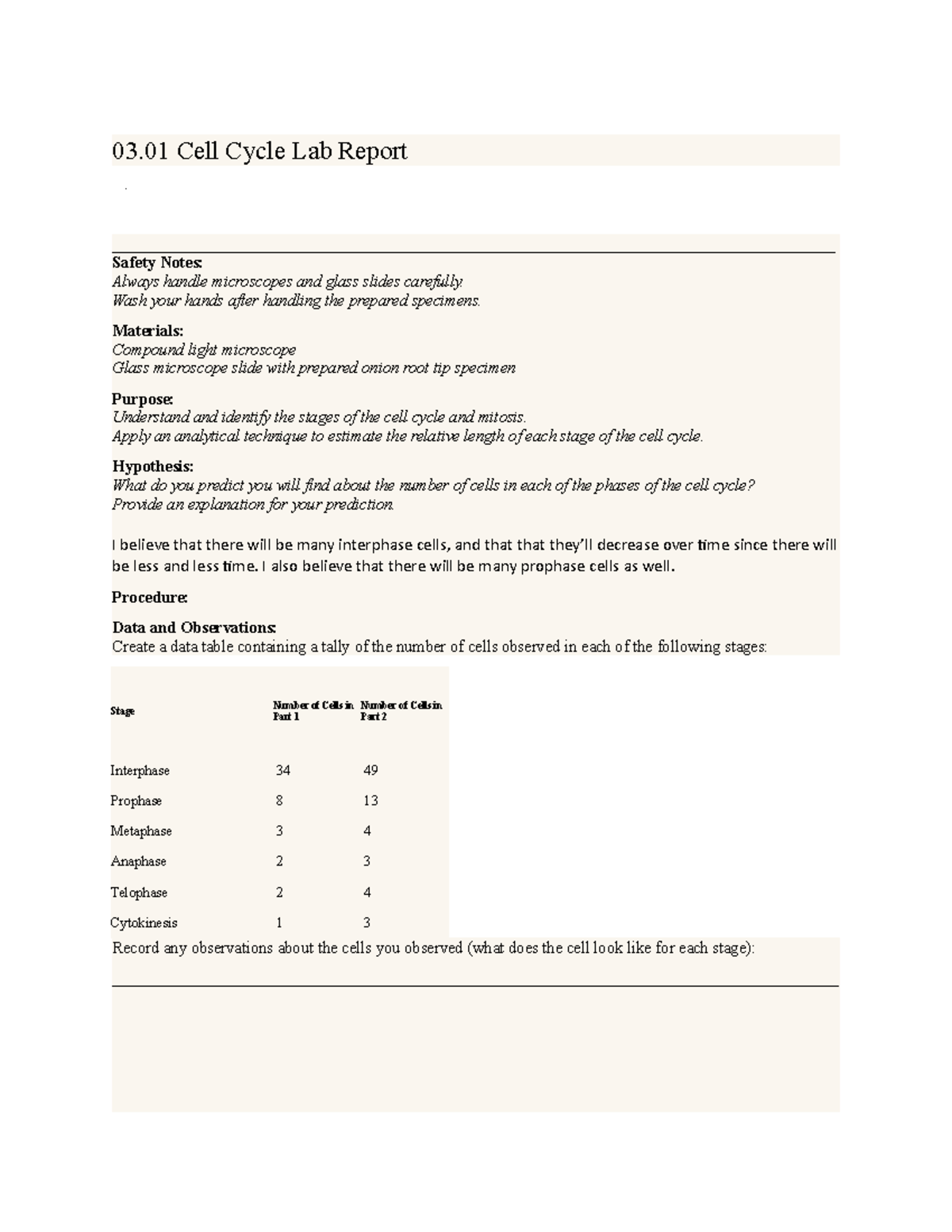 Biology 3.01 Mitosis - 03 Cell Cycle Lab Report - Studocu