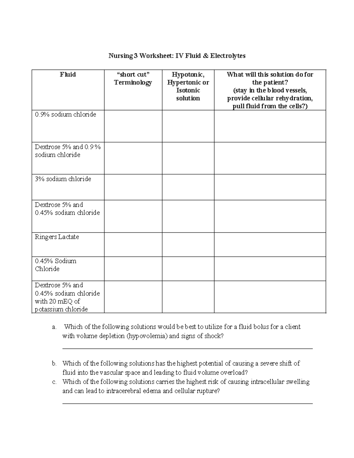 N3 IVF worksheet - Nursing 3 Worksheet: IV Fluid & Electrolytes Fluid ...