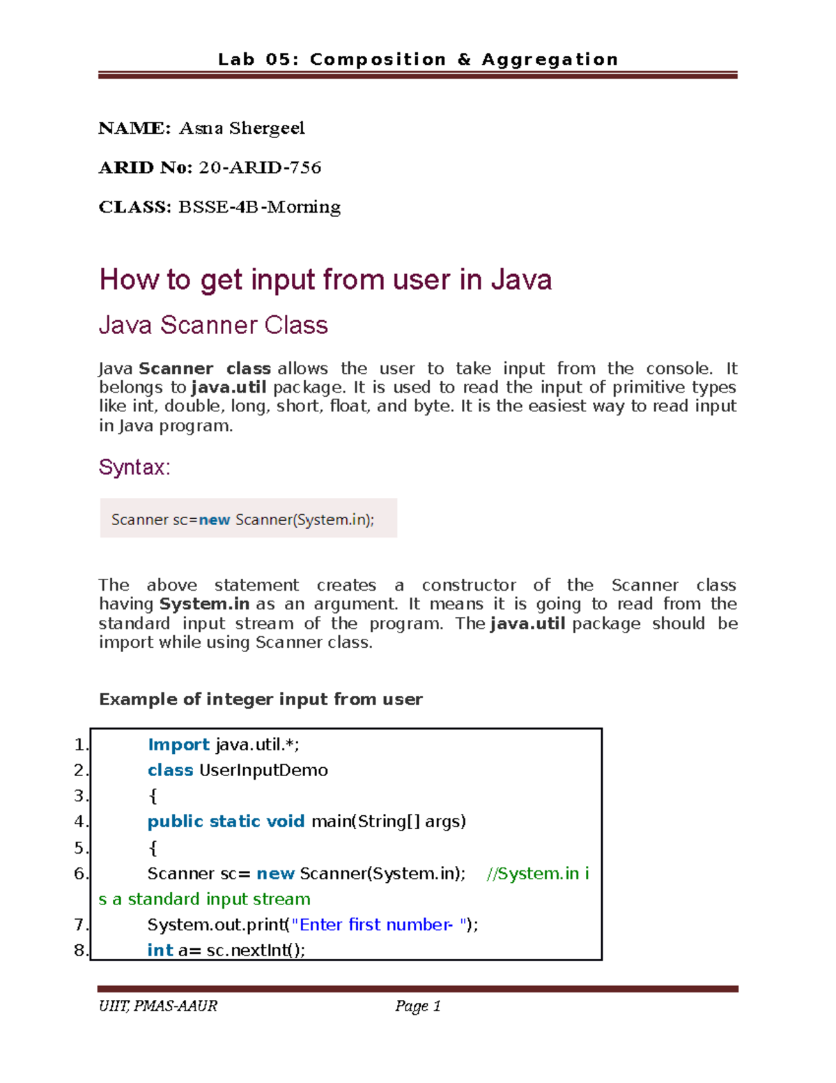 Lab 05 Lab Task For Practice Java Using Netbean Name Asna Shergeel Arid No 20 Arid Class
