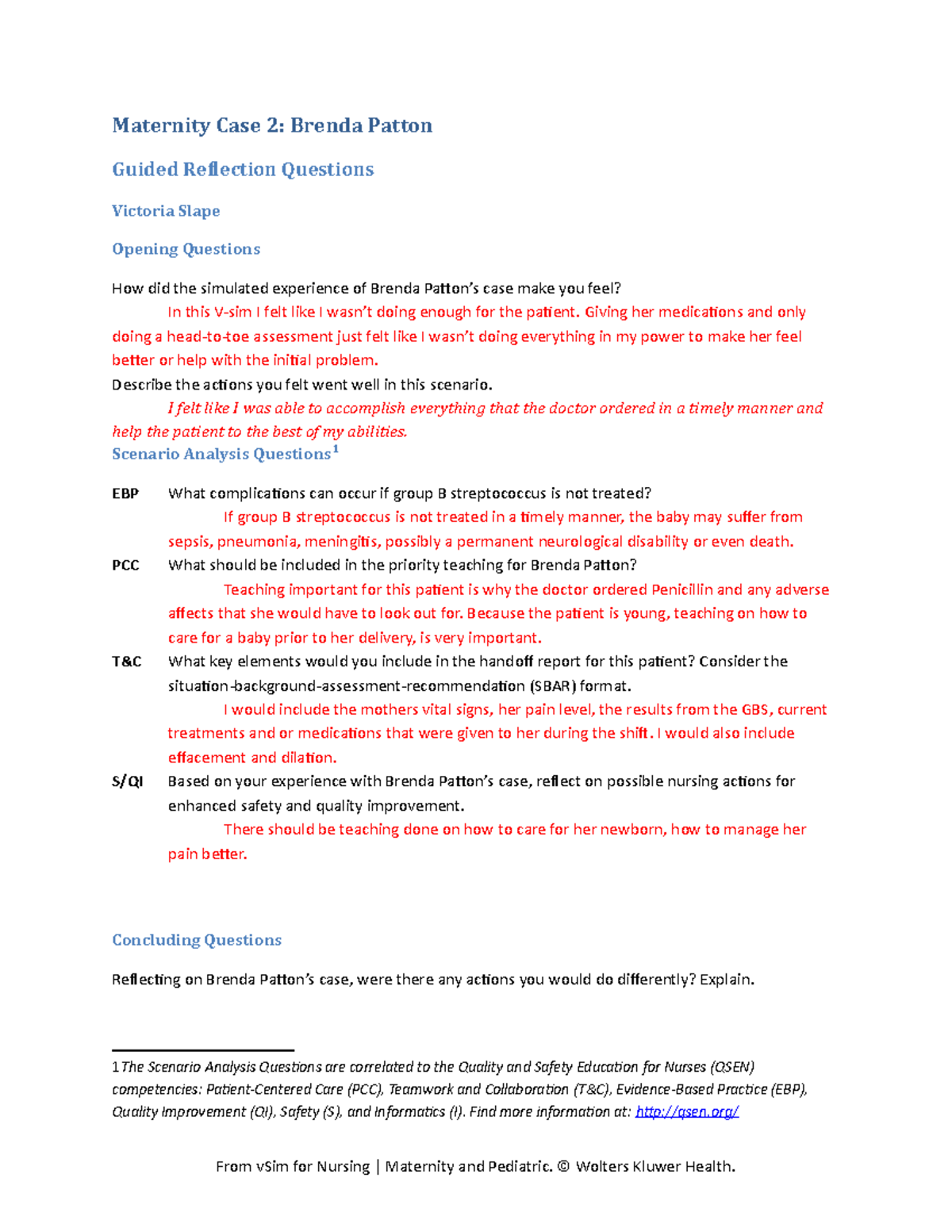 Postsim - Post simulation HW - Maternity Case 2: Brenda Patton Guided ...