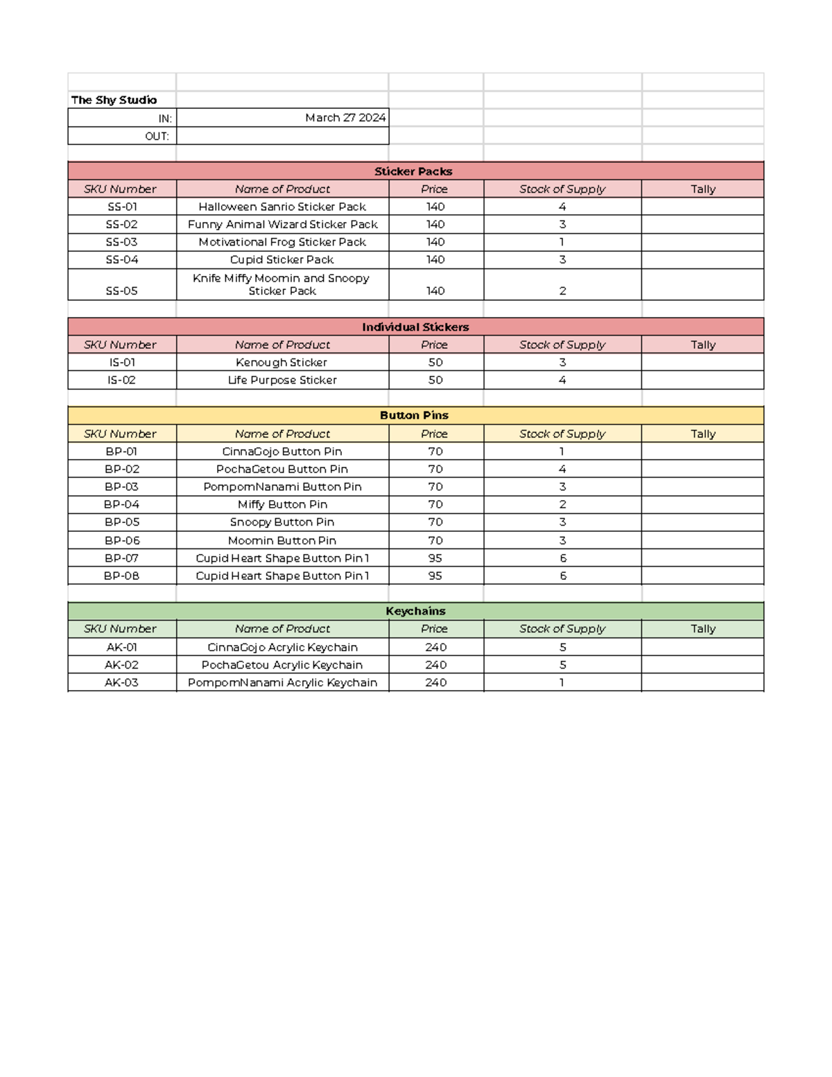 Kachi Cafe Consignment with Shy Studio April 2024 Tally - The Shy Studio IN: March 27 2024 OUT ...