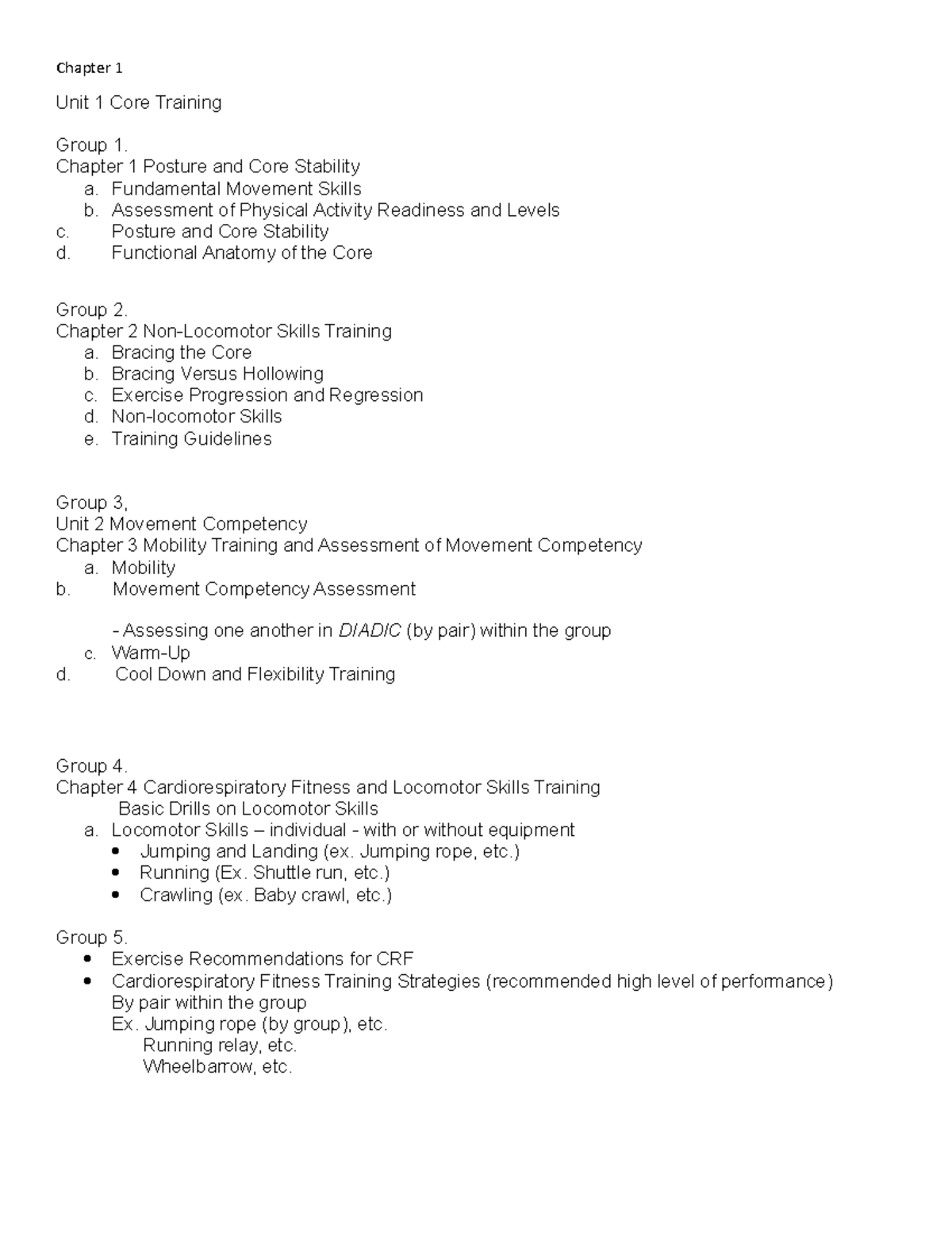 PE- Chapters - Guide - Chapter 1 Unit 1 Core Training Group 1. Chapter ...