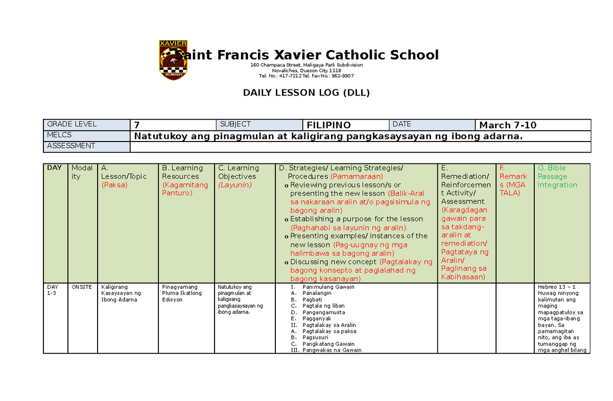 DLL G7 W1 4Q - adad - Saint Francis Xavier Catholic School 160 Champaca ...