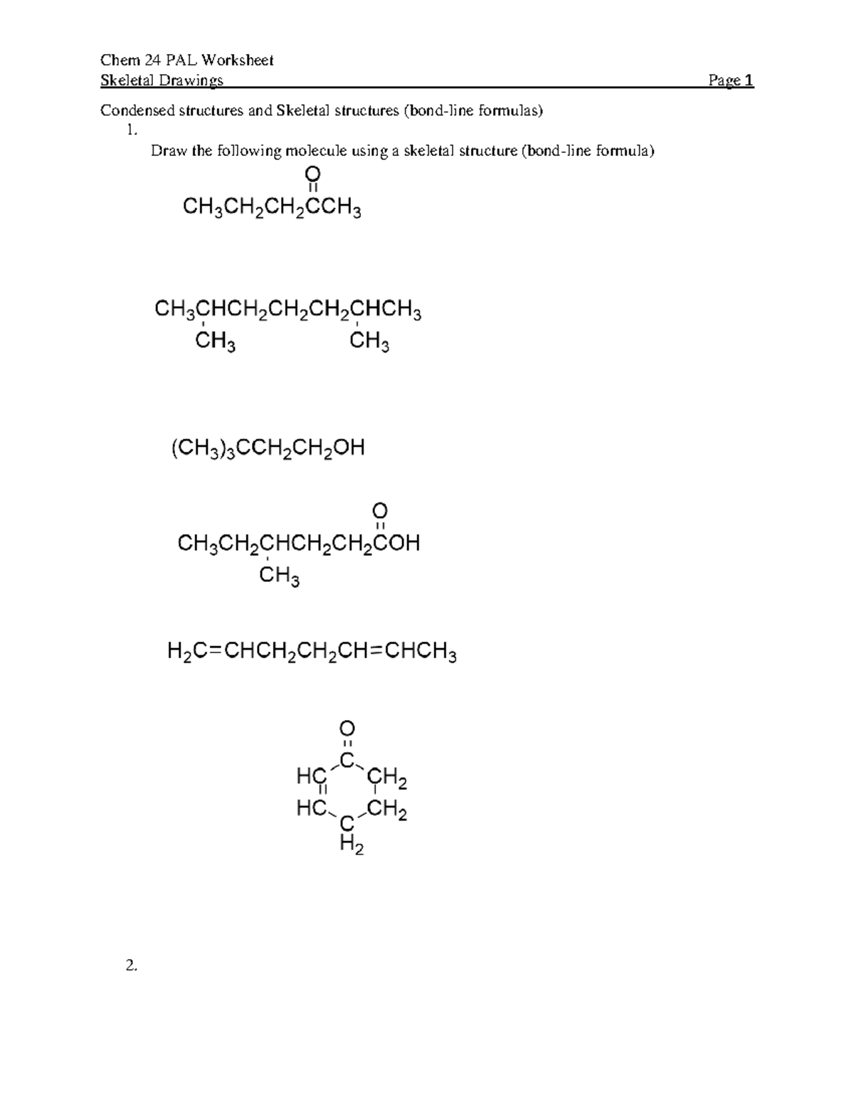 Chem 24 pal skeletal drawings, v2 - CHEM 110 - Chem 24 PAL Worksheet ...