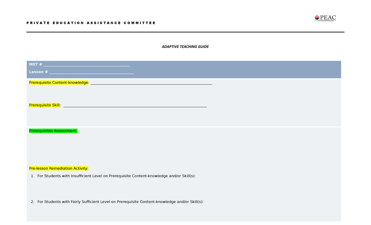 Adaptive Teaching Guide Template - ADAPTIVE TEACHING GUIDE MET # - Studocu