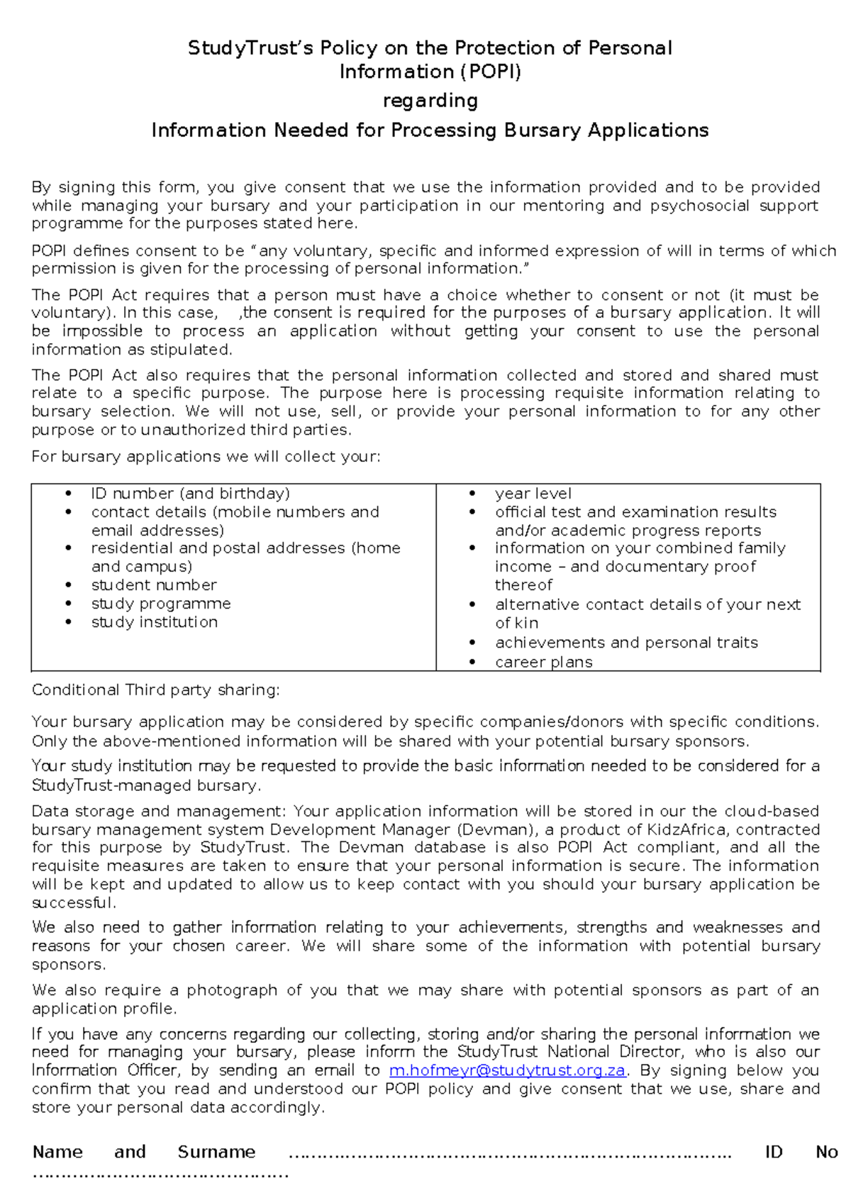 Study Trust Popia concent form for bursary applications - StudyTrust’s ...