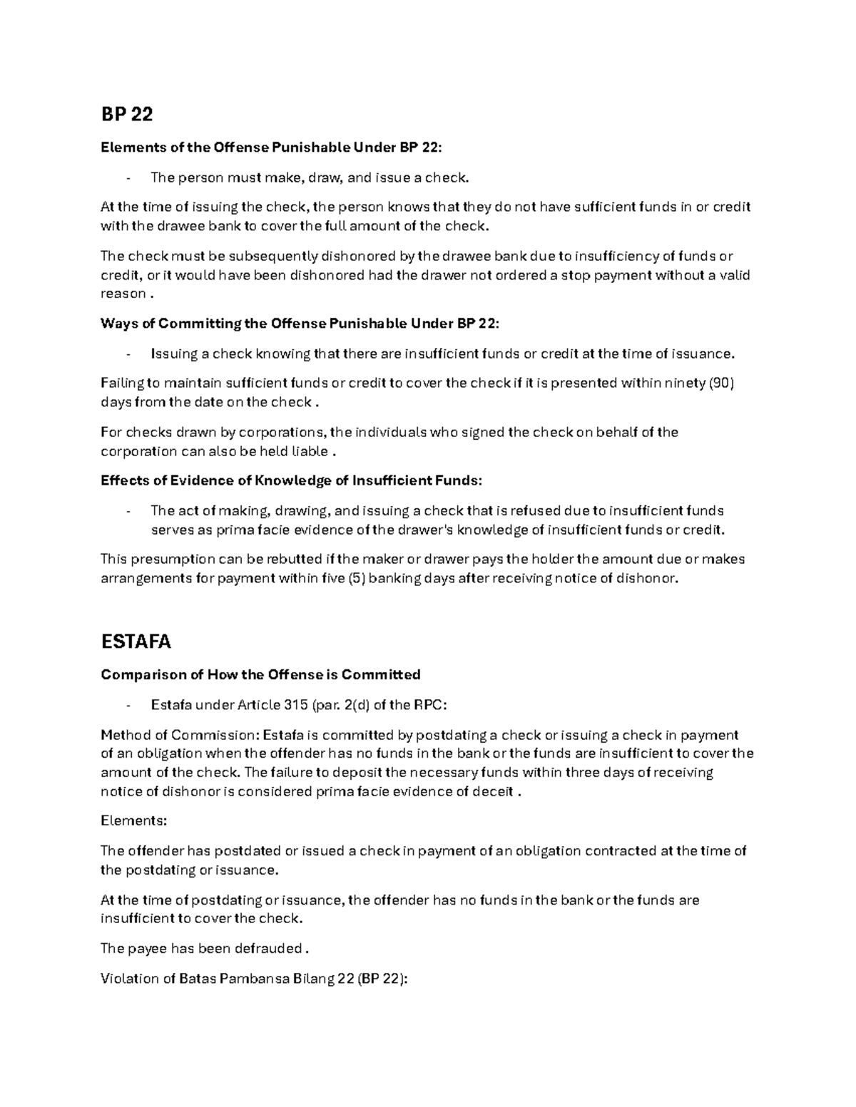 RFBT notes - BP 22 Elements of the Offense Punishable Under BP 22 ...