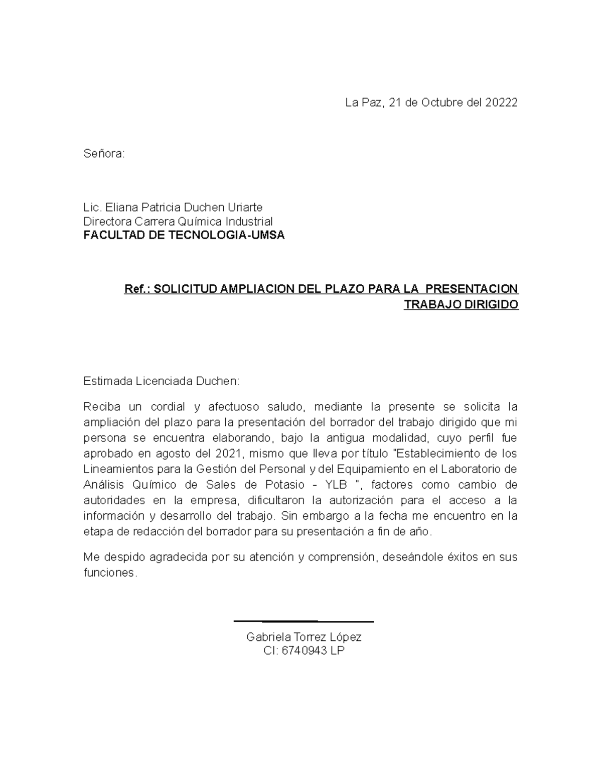 Trabajo - MODELO - La Paz, 21 de Octubre del 20222 Señora: Lic. Eliana ...