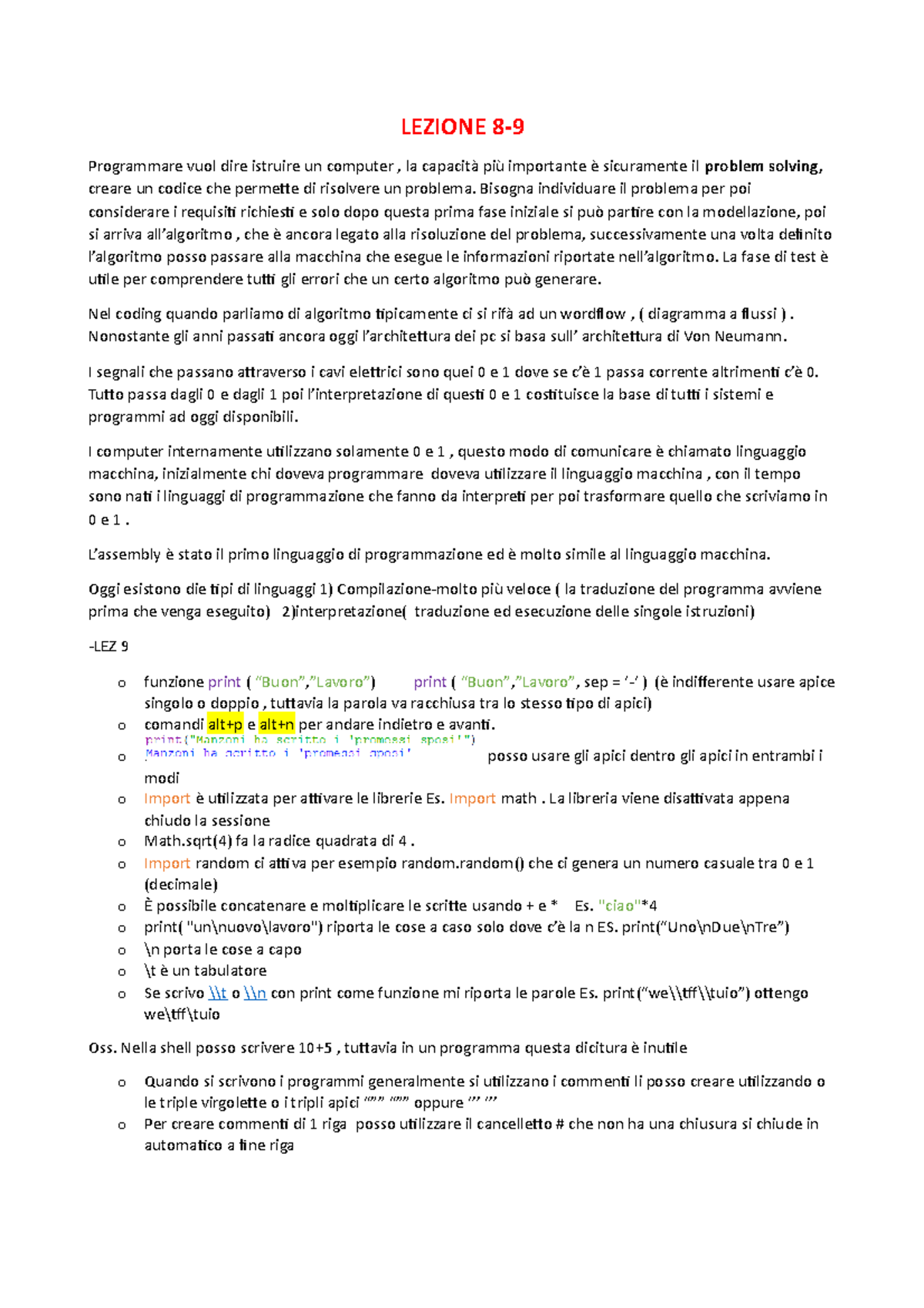 Pyton - alcuni appunti sulla parte introduttiva di python - LEZIONE 8 ...