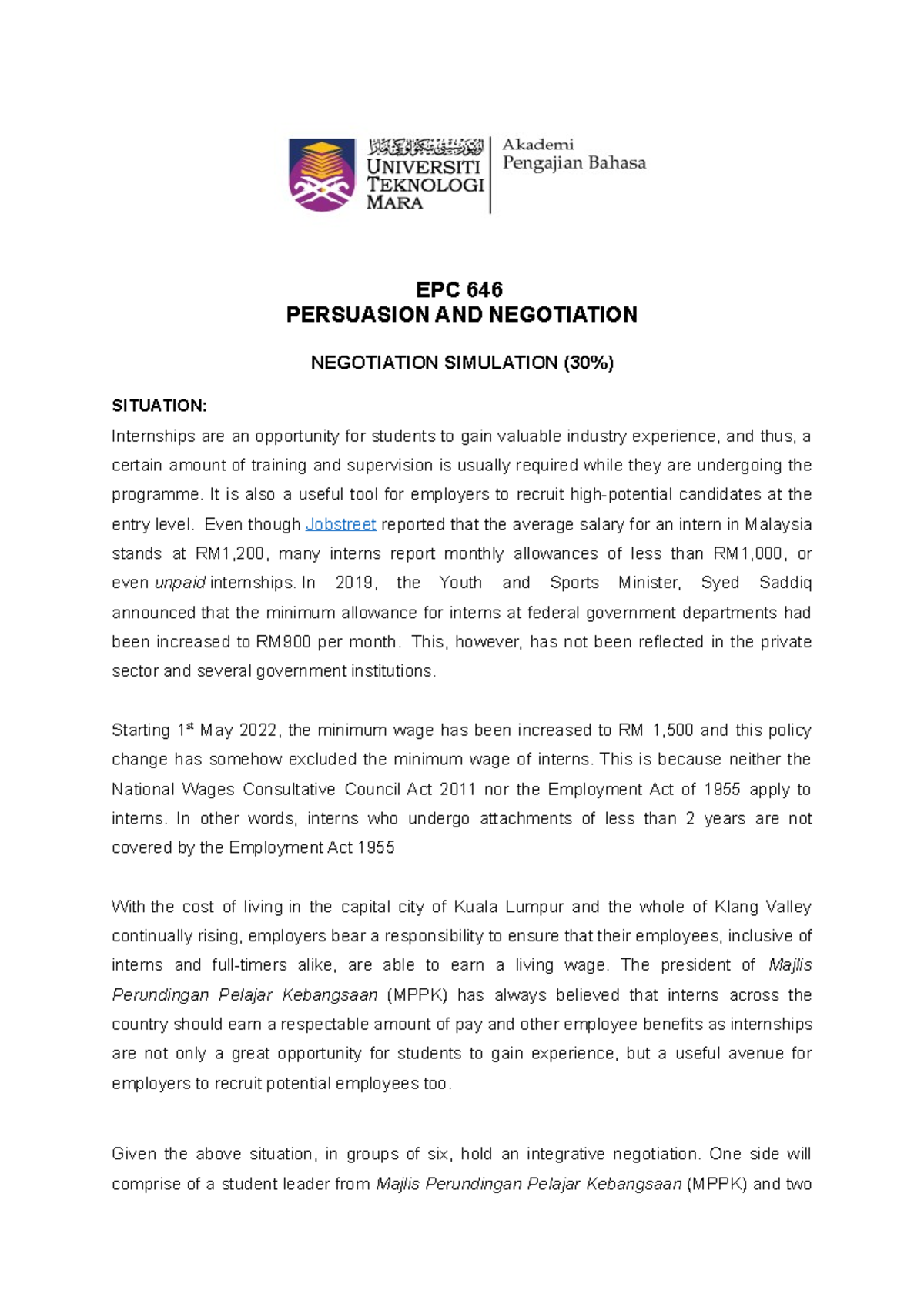 Negotiation Simulation Assessment Jan 2023 - EPC 646 PERSUASION AND ...