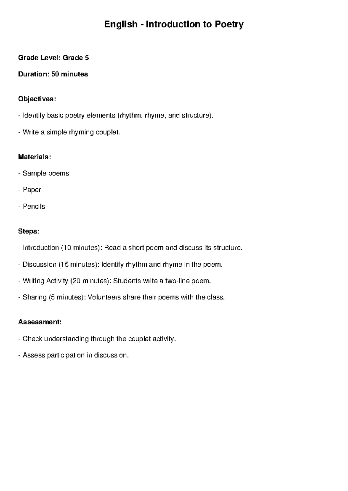 English - Introduction to Poetry - Write a simple rhyming couplet ...