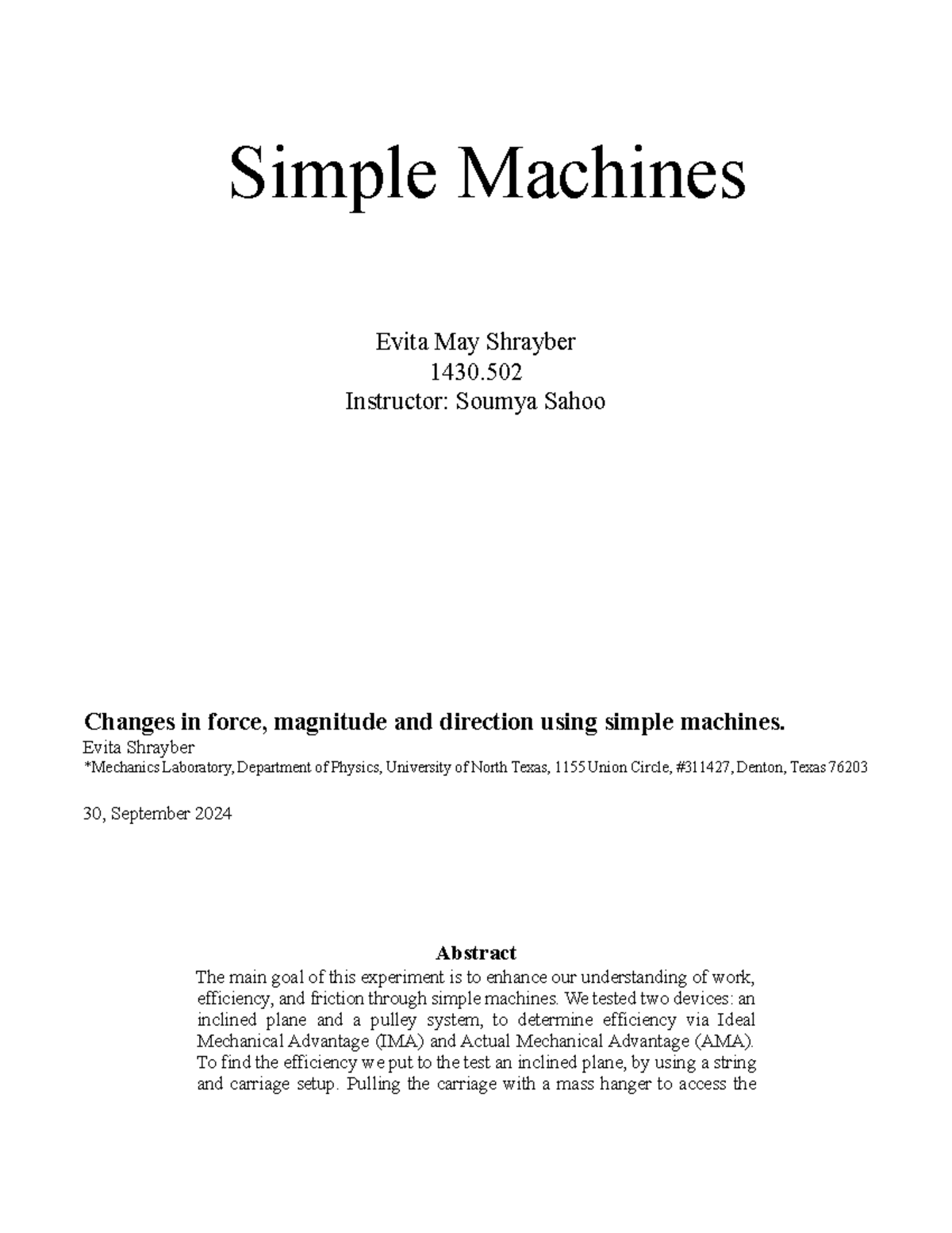 Lab Report physics #1 - Simple Machines Evita May Shrayber 1430 02 ...
