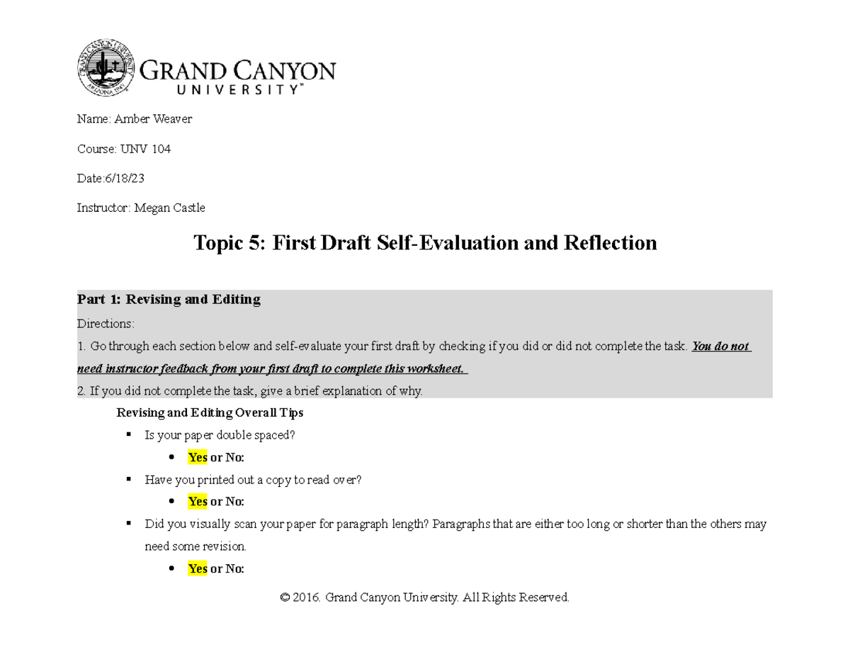 First Draft Self-Evaluationand Reflection assignment - UNV 104 - GCU ...