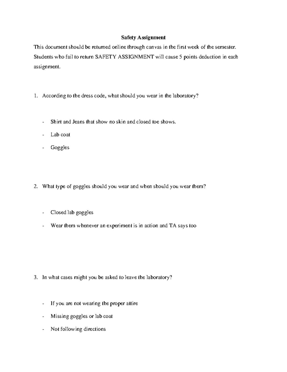 Safety Assignment - n/a - This document should be returned online ...