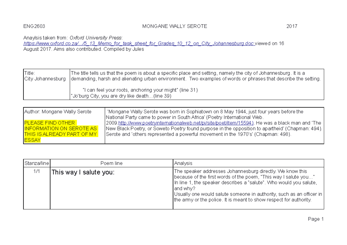 ENG2603 Serote analysis for City Johannesburg - Anaylsis taken from ...