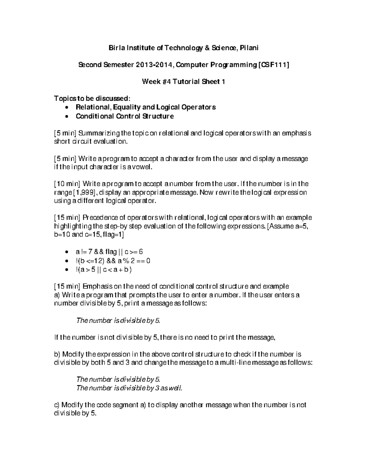Tutorial Sheets - Week 4 - Tutorial 1 - Birla Institute of Technology ...