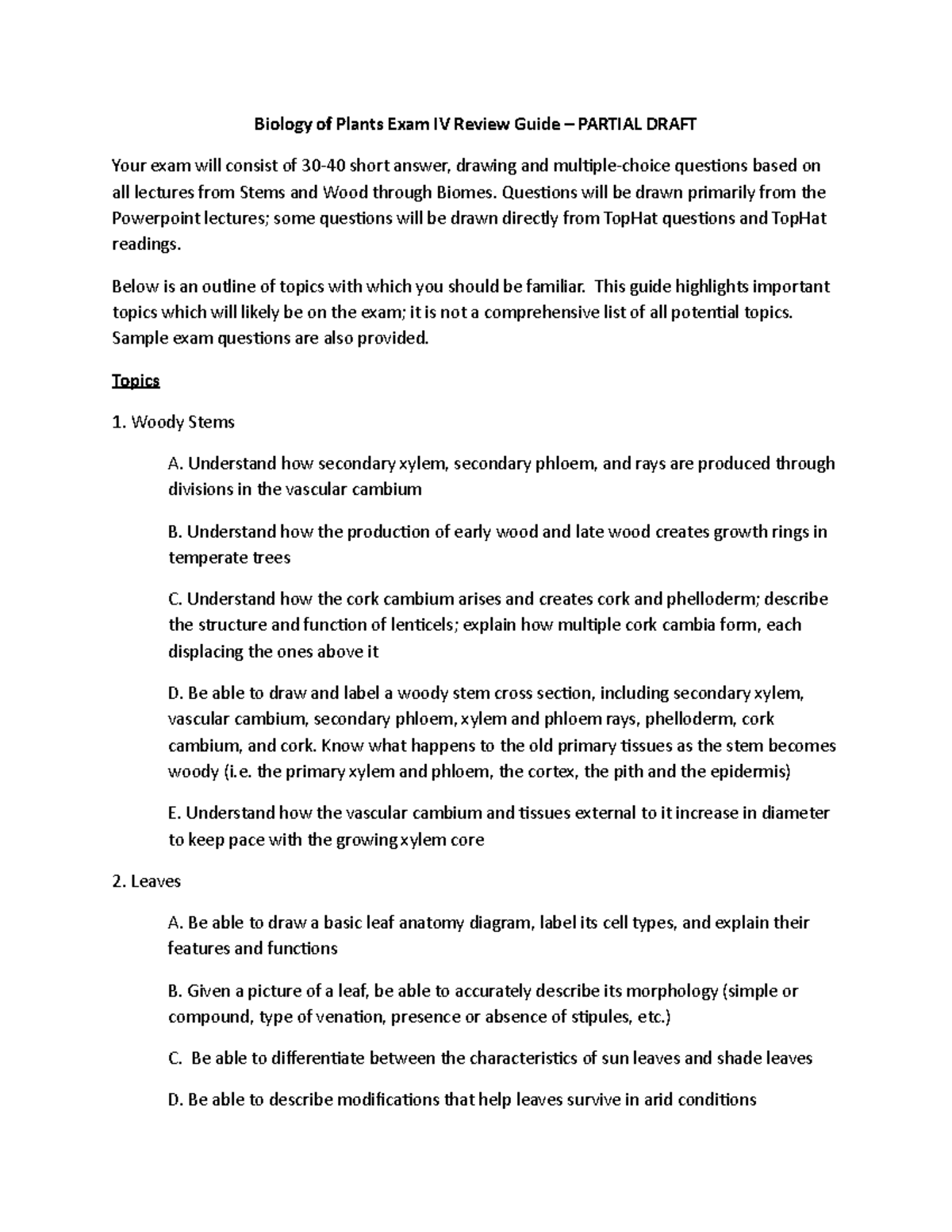 Biology of Plants Exam IV Review Guide - Questions will be drawn ...