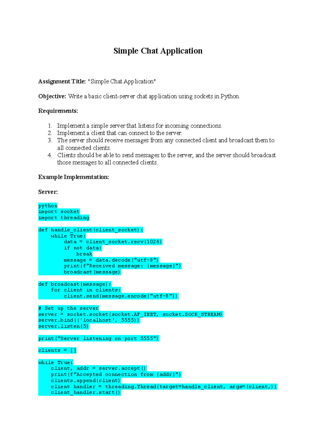 Simple Chat Application - Simple Chat Application Assignment Title: "Simple Chat - Studocu