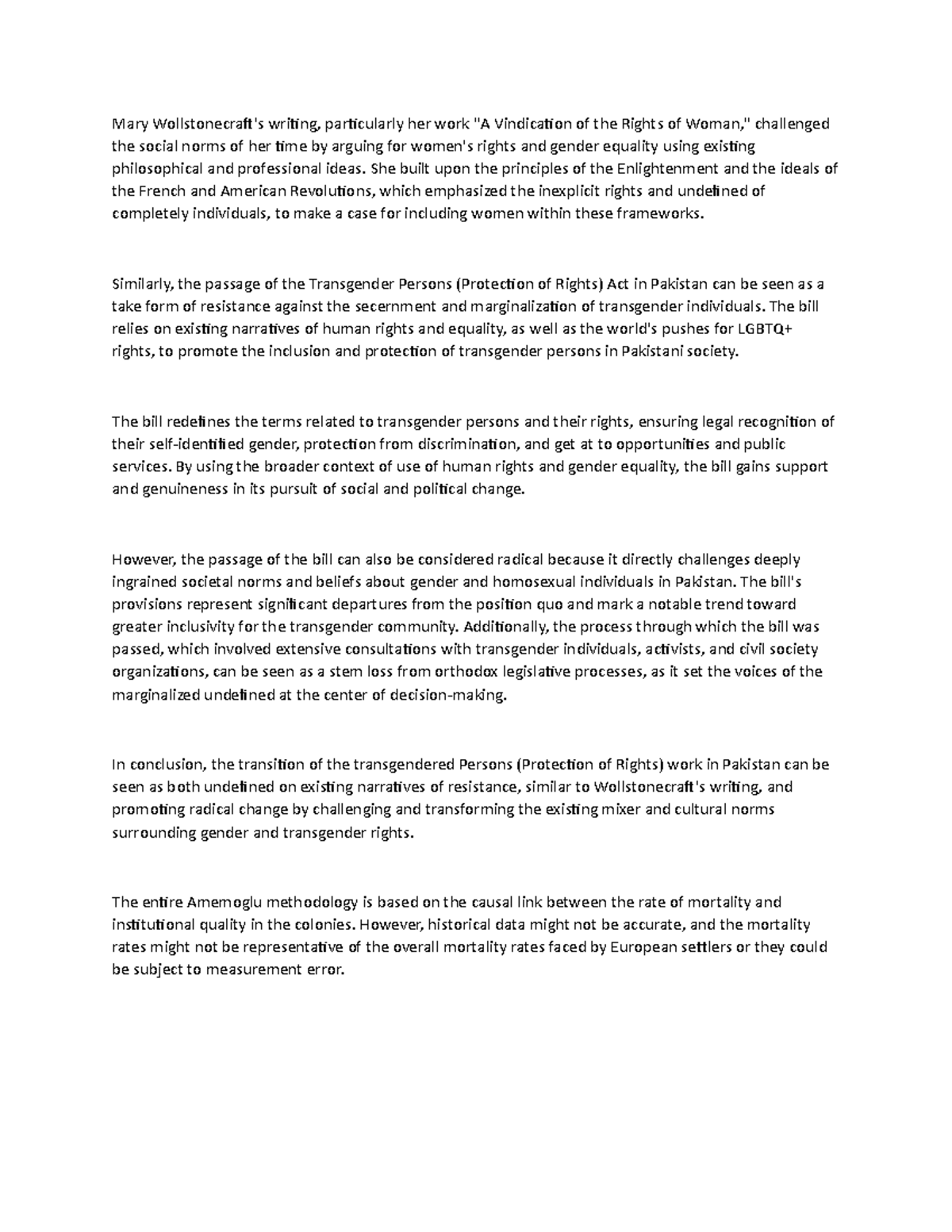Assignment 2 - Mary Wollstonecraft's writing, particularly her work "A ...