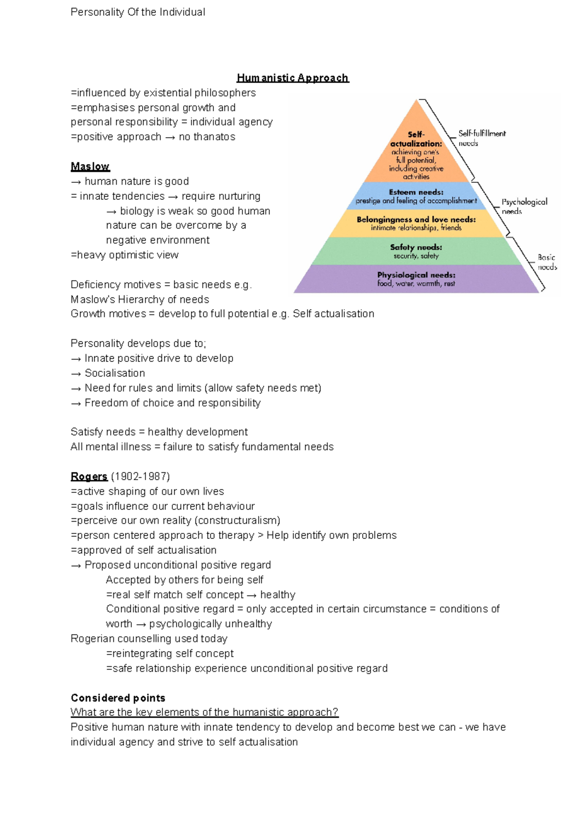 POI Lecture 6 - The Humanistic Approach - Personality Of the Individual ...