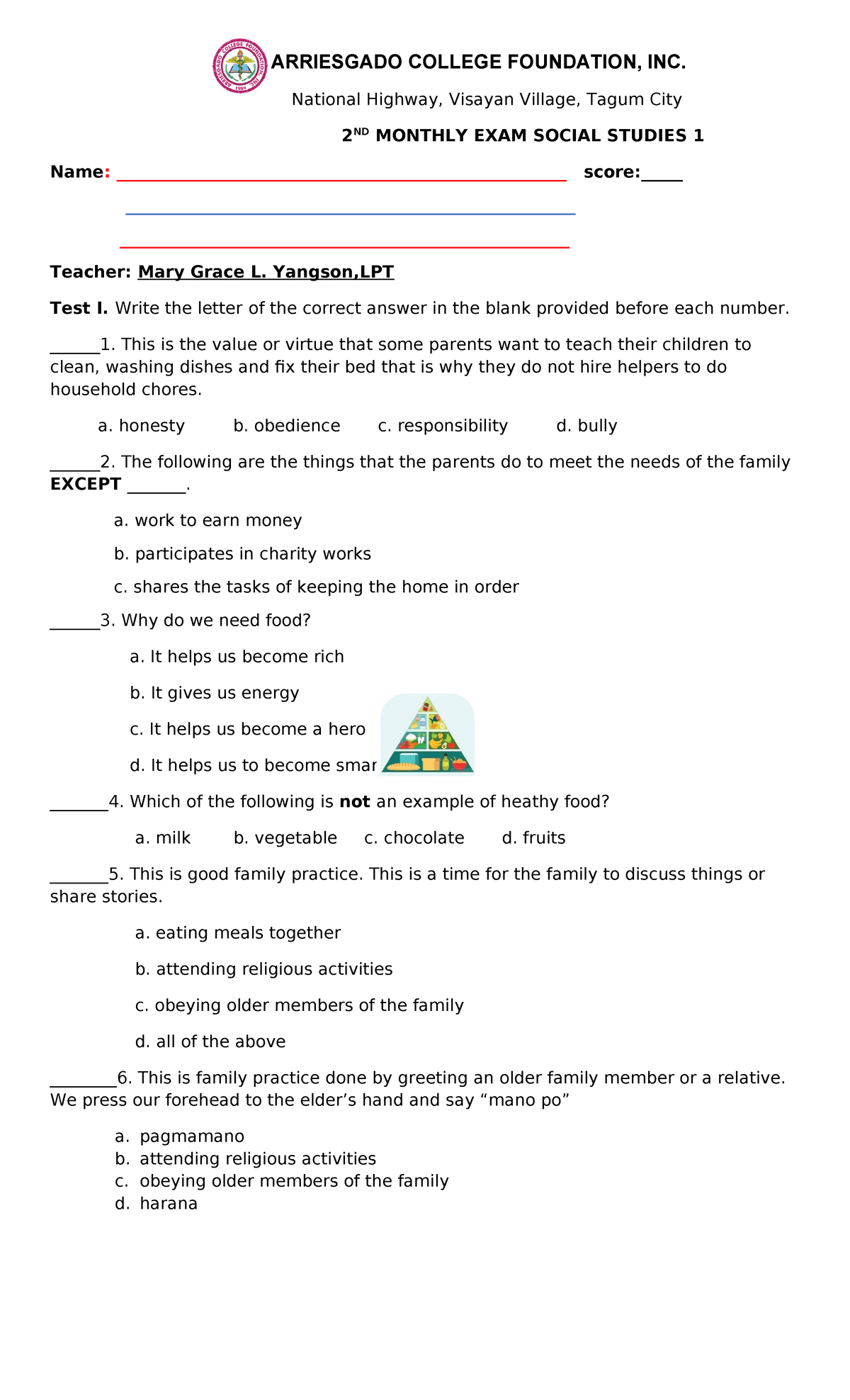 2ND Monthly EXAM Social Studies NEW 2023 Finalsss - ARRIESGADO COLLEGE ...