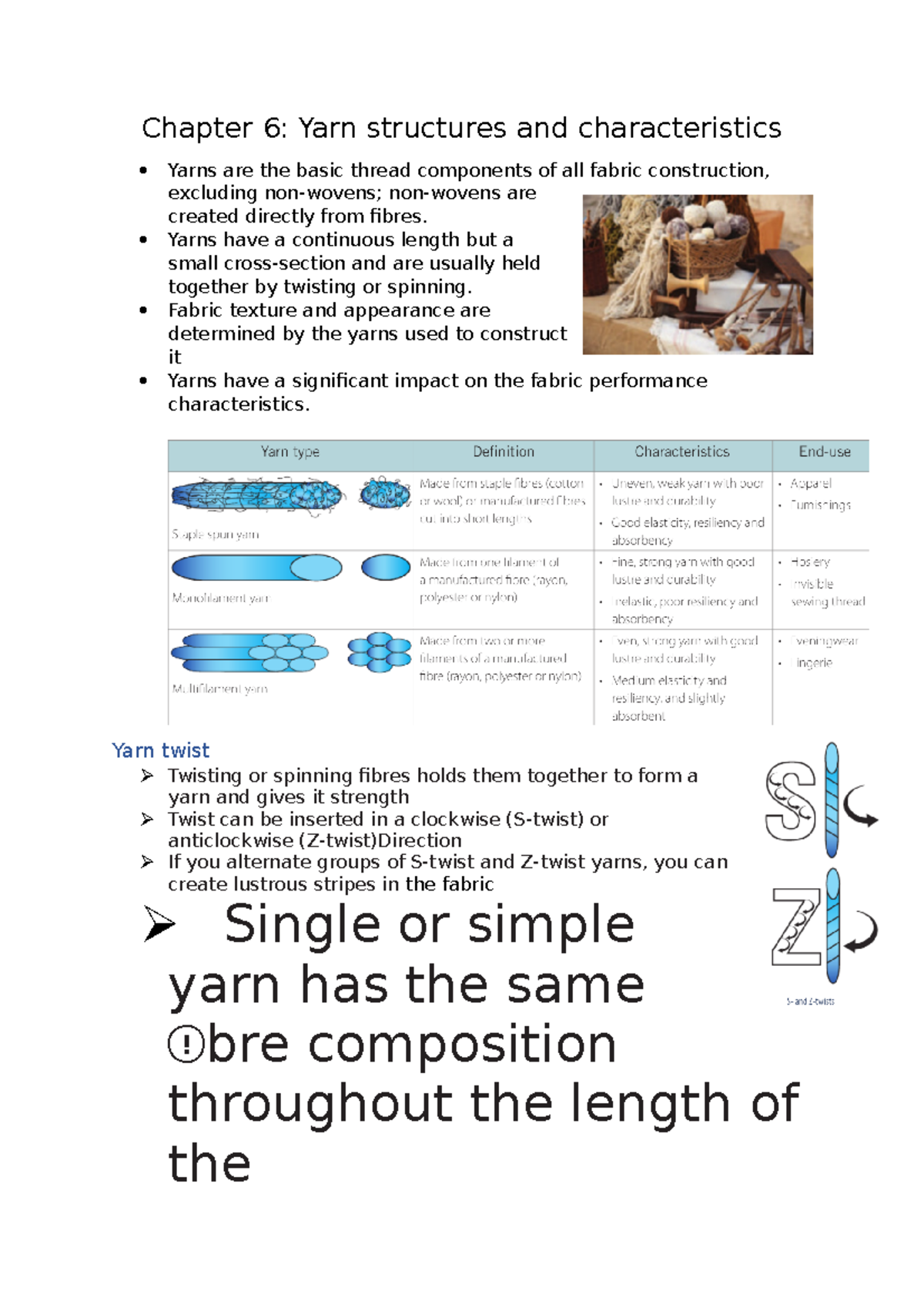 Chapter 6 Yarn structures and characteristics copy - Chapter 6: Yarn ...