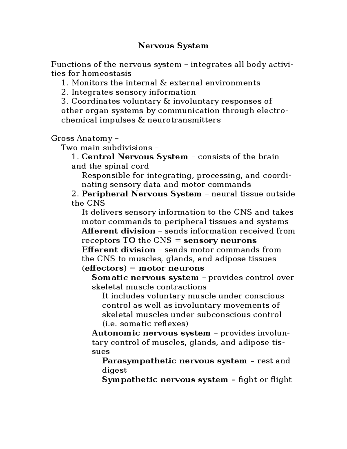 Nervous System - Notes - Nervous System Functions of the nervous system ...