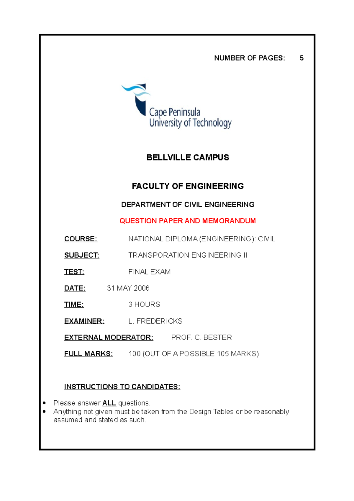 Transportation Engineering- Final-TEST-1-2006 MEMO - NUMBER OF PAGES: 5 ...