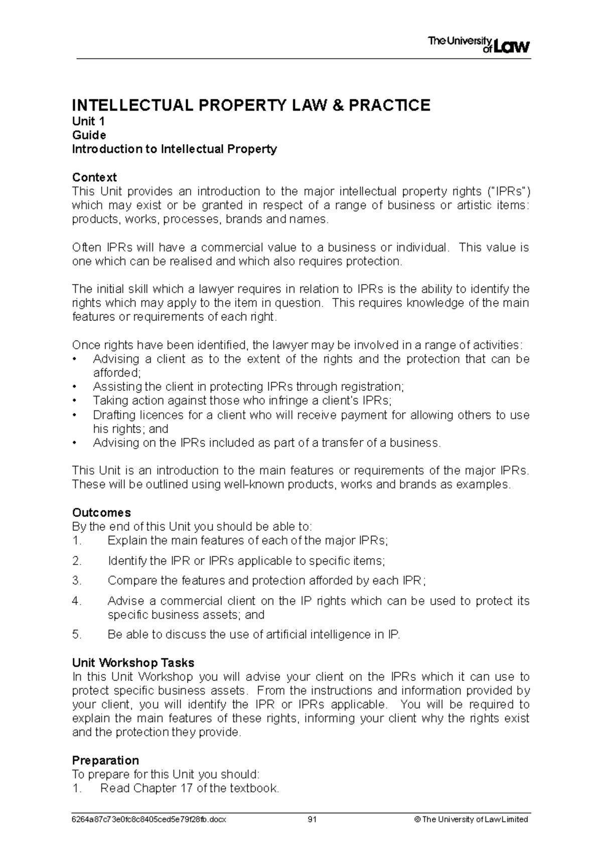 Workshop One - INTELLECTUAL PROPERTY LAW & PRACTICE Unit 1 Guide ...