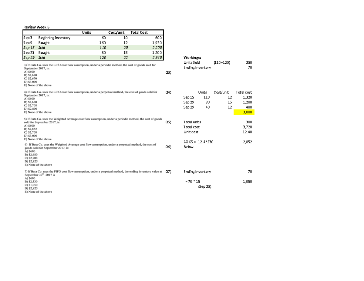 Week 8 - Class notes for review on Inventory - Review Week 6 Units Cost ...
