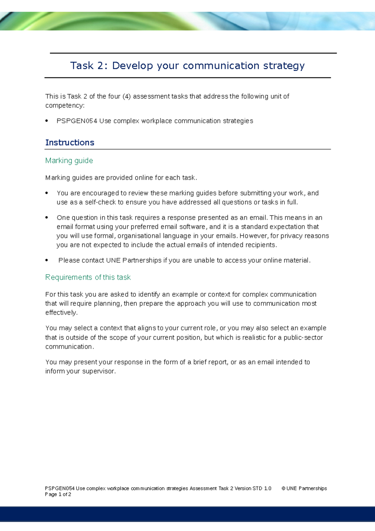 Pspgen 054 Communication Strategies Assessment Task 2 V STD 1 - UNE ...