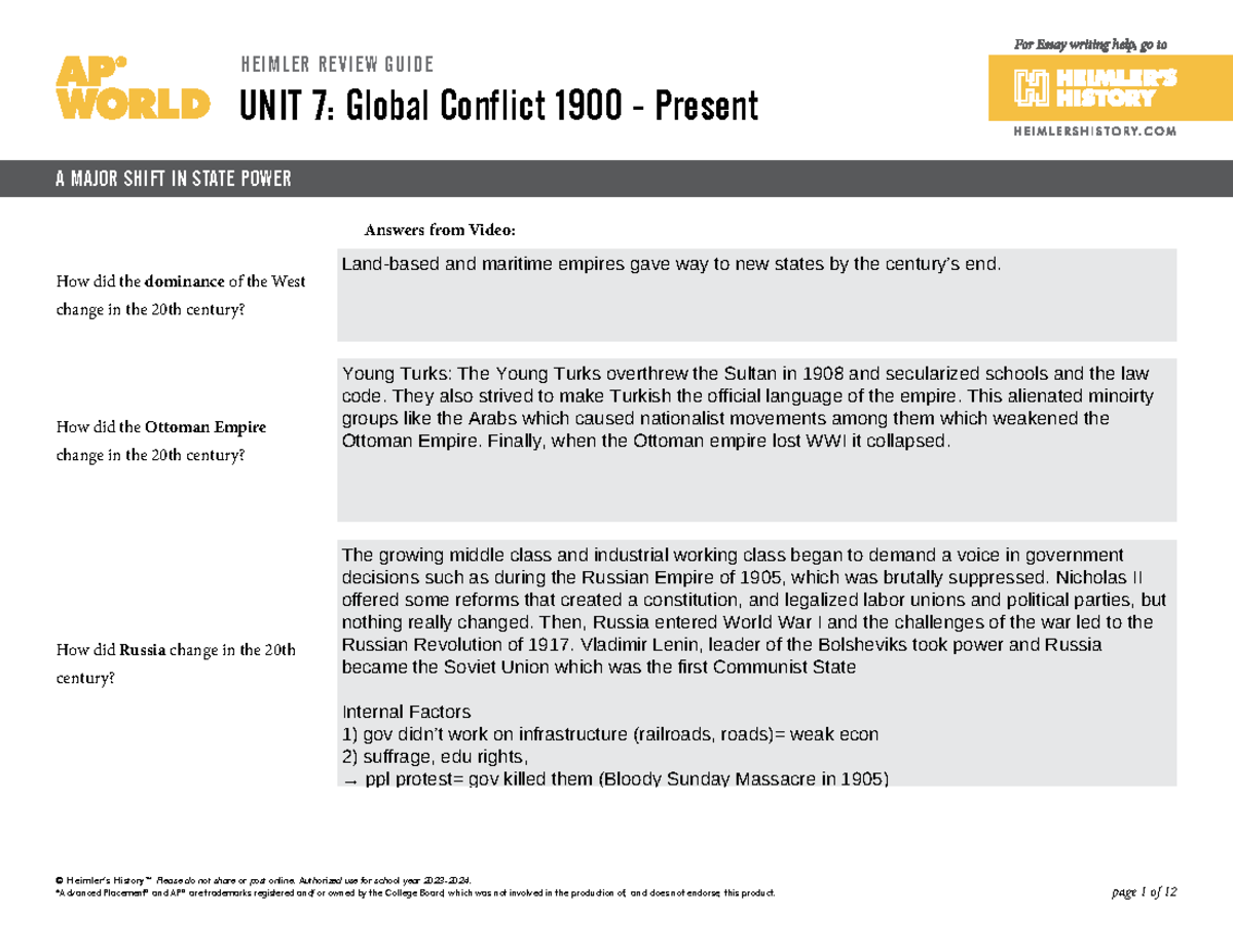 AP World HRG Unit 7 Noteguide - © Heimler’s History TM Please do not ...