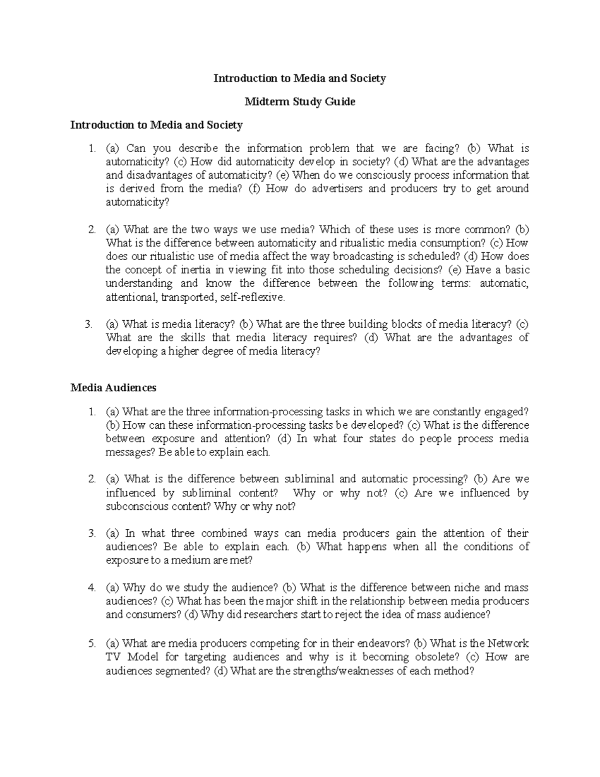 Midterm Study Guide - Introduction to Media and Society Midterm Study ...