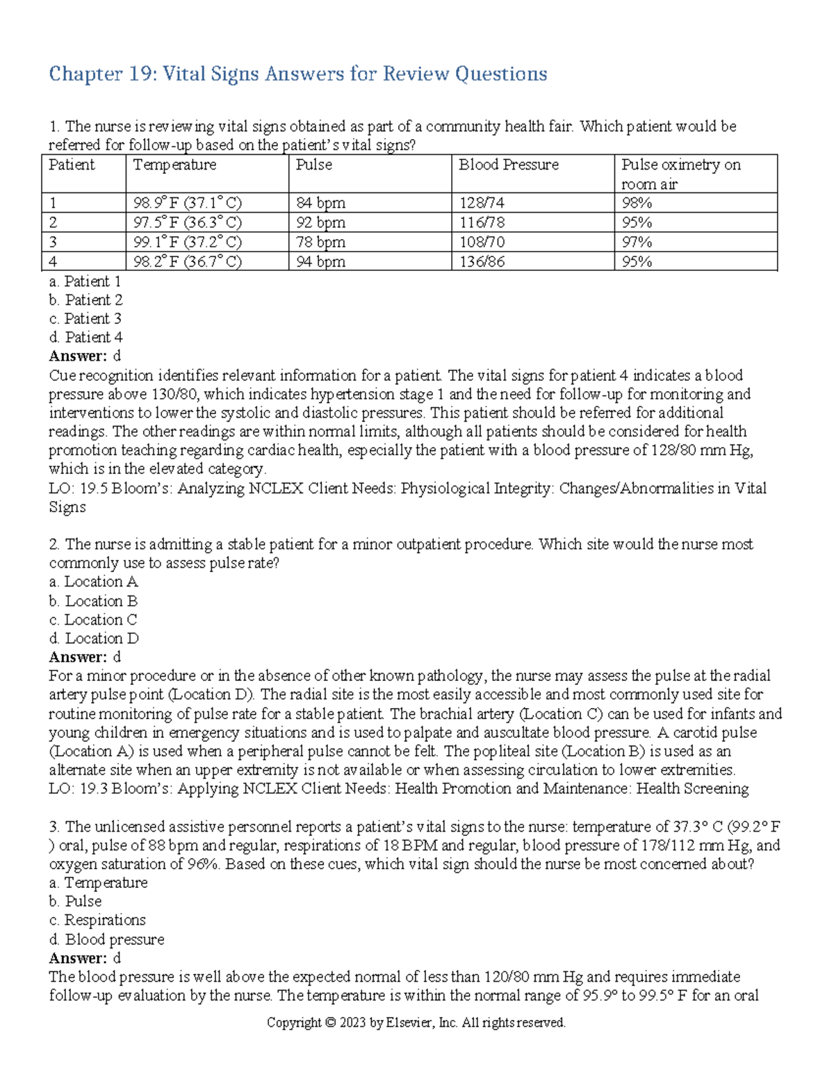 Chapter 19 Review Questions & Answers - Chapter 19: Vital Signs Answers for Review Questions The ...