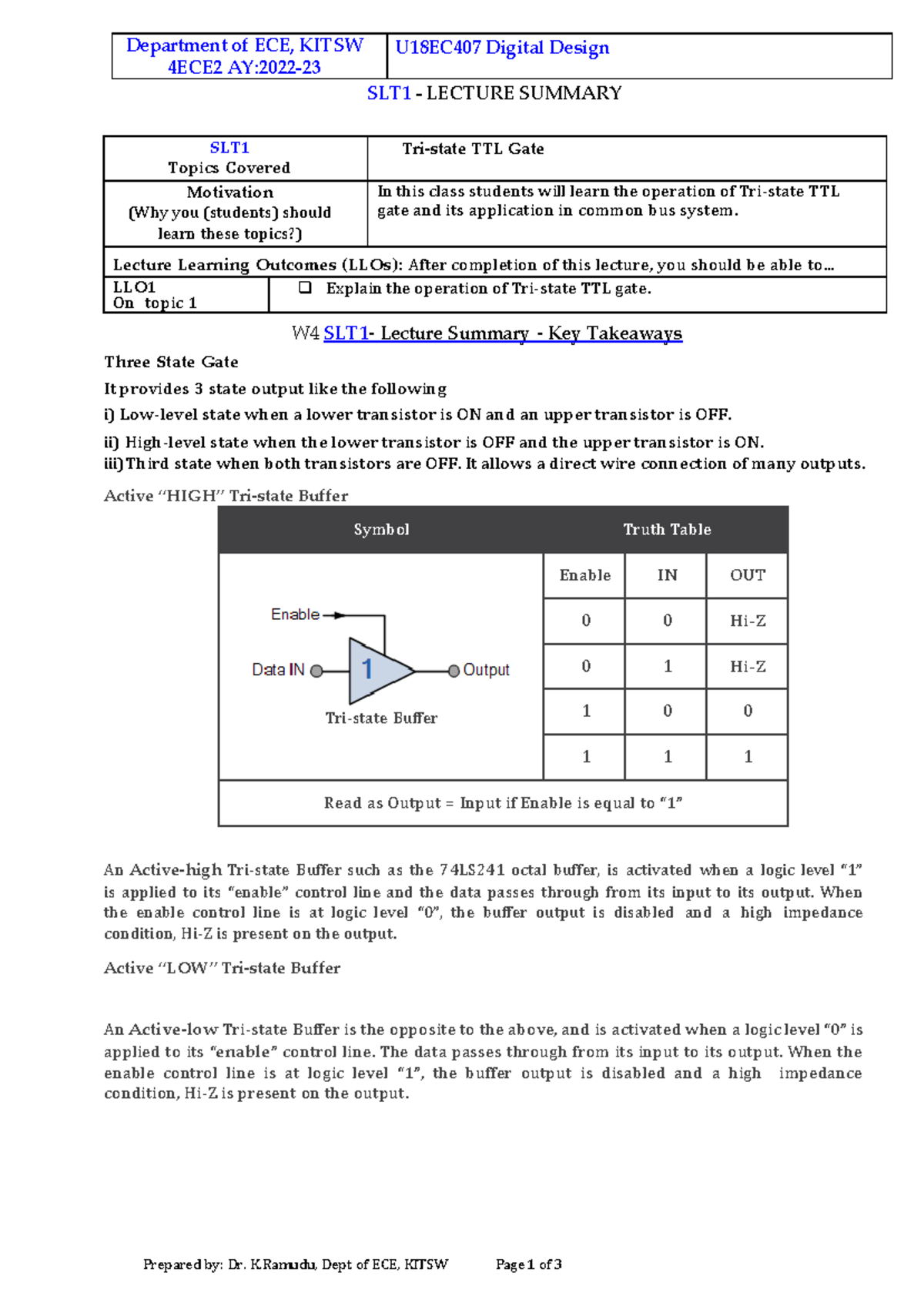 WEEK4SLT1 - Important topic in digital design - Department of ECE, KITSW 4ECE2 AY:2022- U18EC407 ...