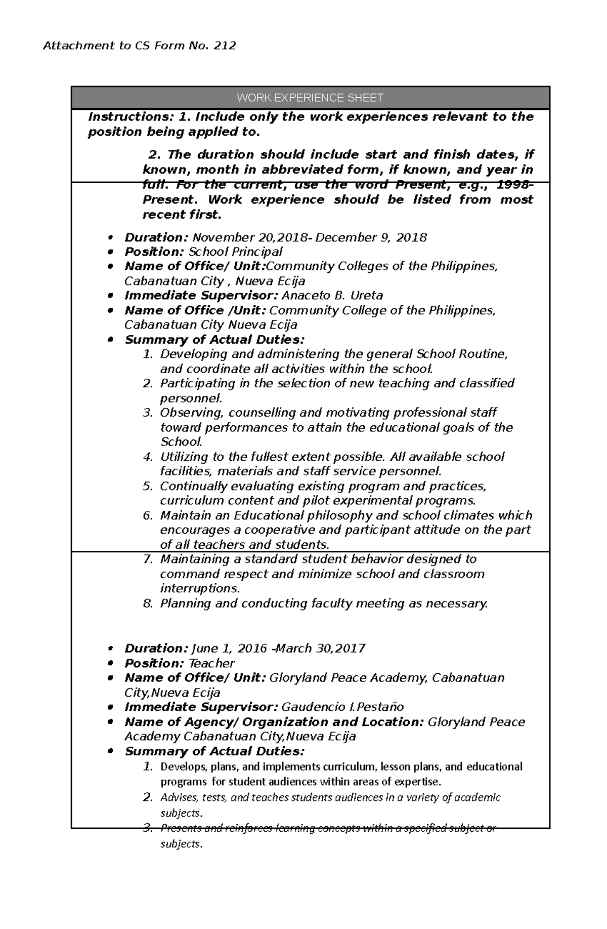 WORK EXP Sheet 1 - None - Instructions: 1. Include only the work ...