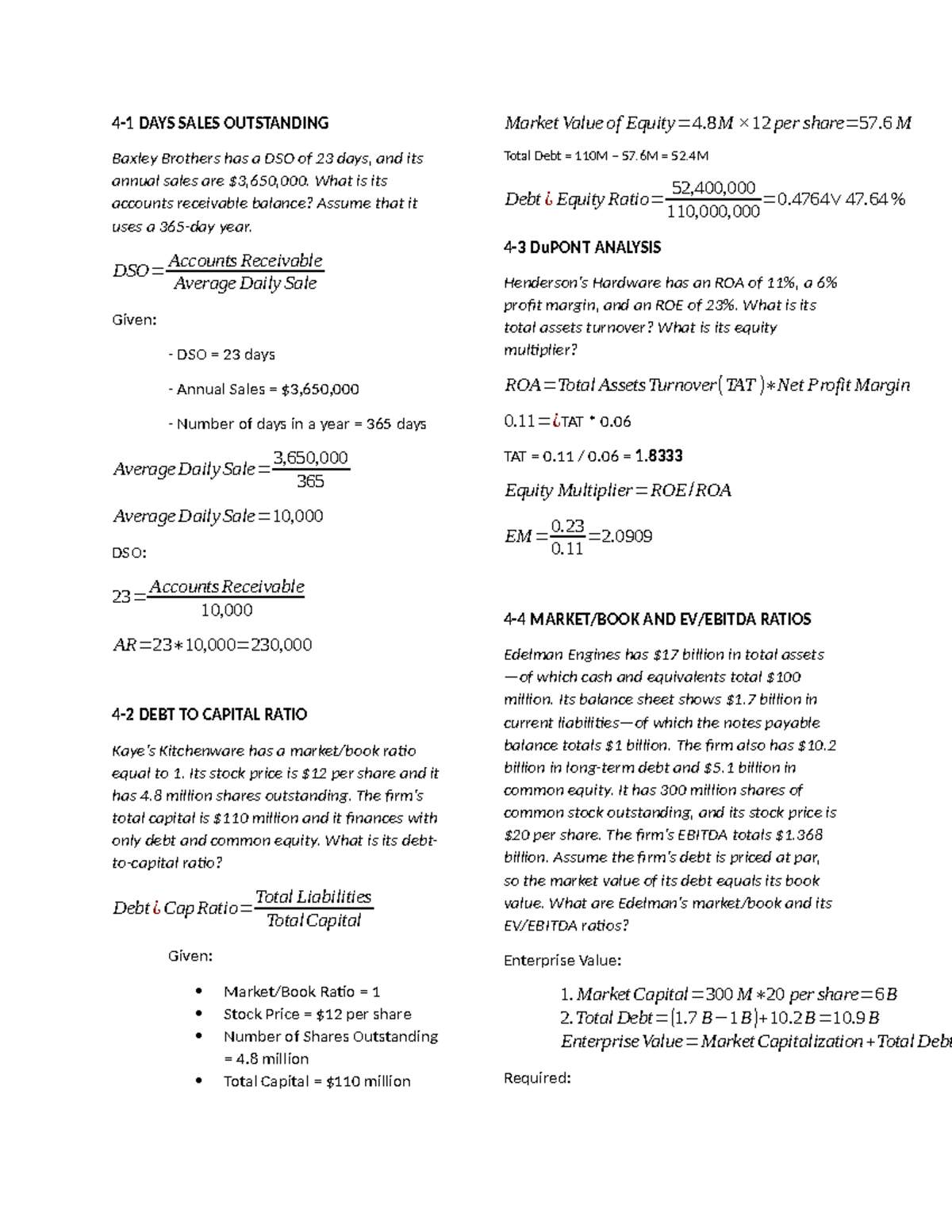 Finman 1-6 - fin man practice - 4-1 DAYS SALES OUTSTANDING Baxley ...