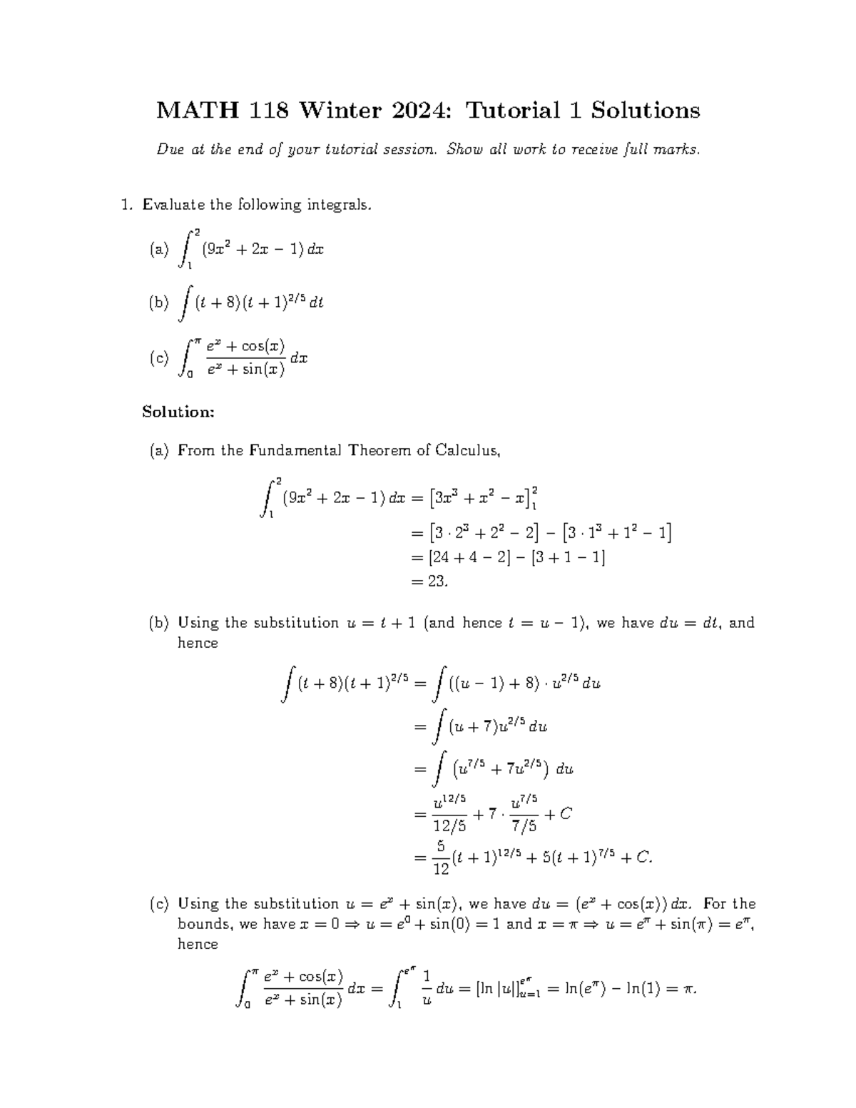M118 T01 SOL - M118 T01 SOL - MATH 118 Winter 2024: Tutorial 1 Solutions Due at the end of your ...