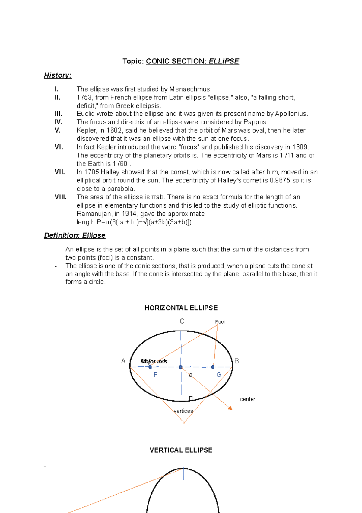 Conic Section Ellipse 5 - Topic: CONIC SECTION: ELLIPSE History: I. The ...