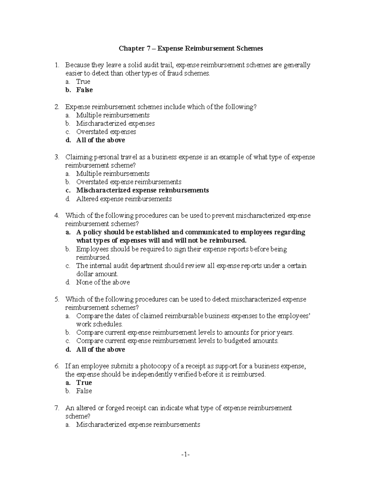 Ch07 - Question bank chapter 07 - Chapter 7 – Expense Reimbursement ...